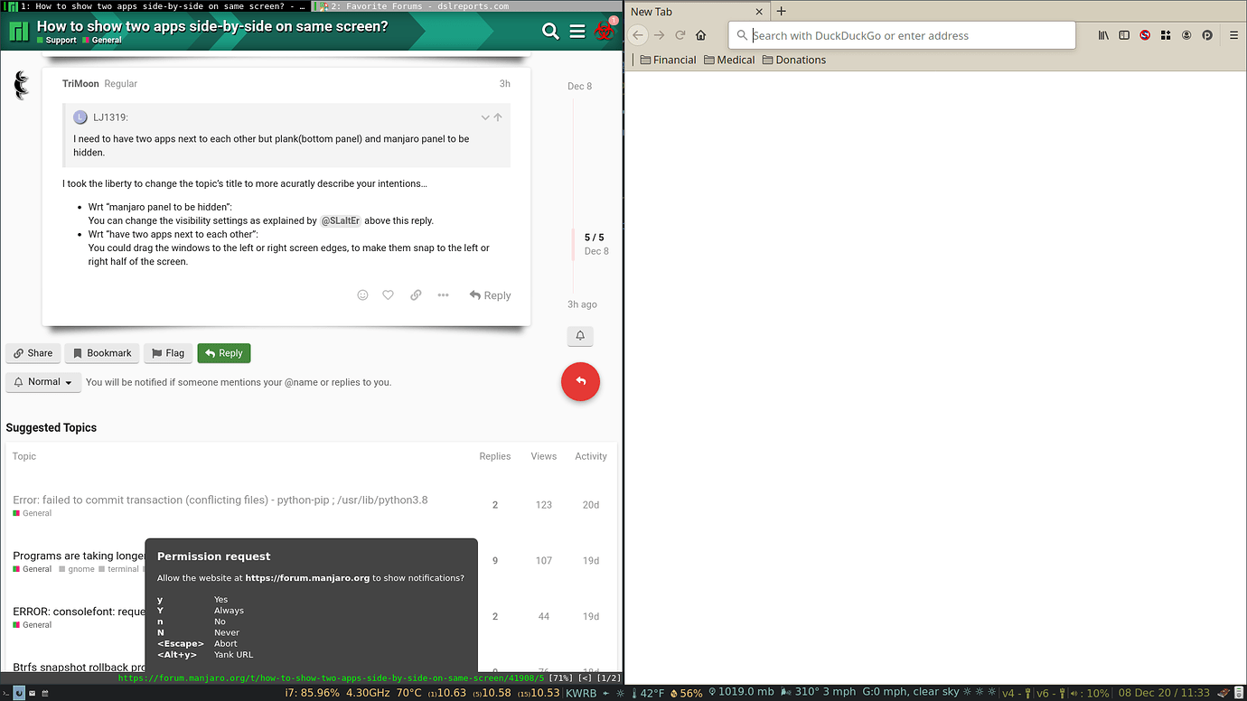 How to show two apps side-by-side on same screen? - Support - Manjaro ...