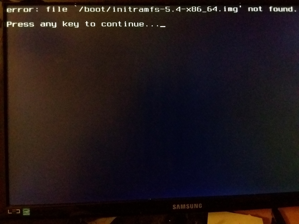 Stuck after grub /boot/initramfs-5.4-x86_64.img not found - Support - Manjaro Linux Forum