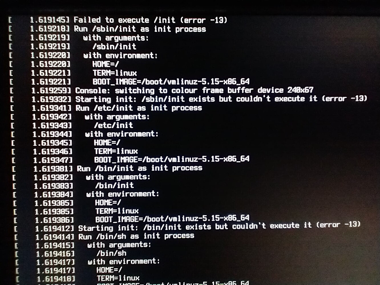 Can't boot: /sbin/init exists but couldn't execute it (error -13) - Support - Manjaro Linux Forum
