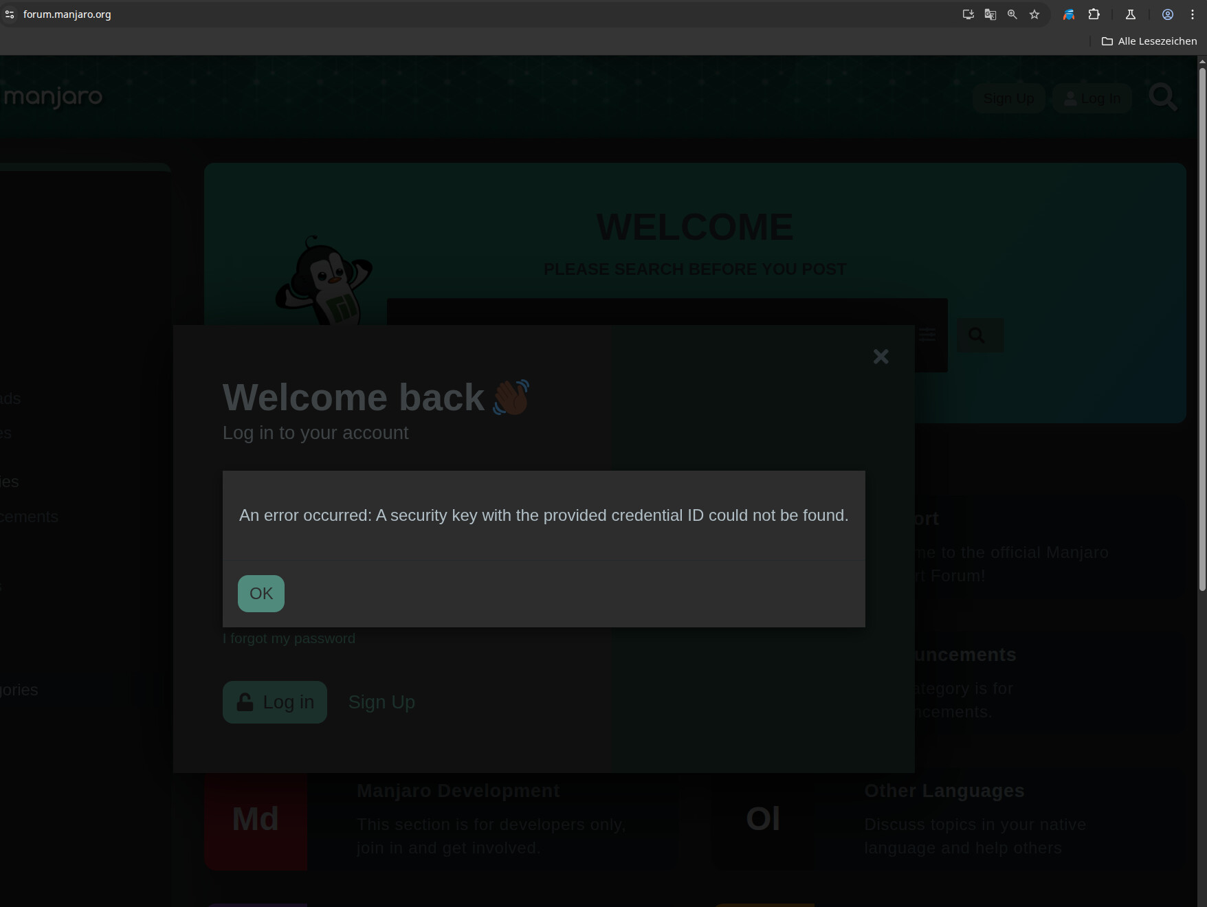 Security key login to forums: missing key for credential ID - Forum ...